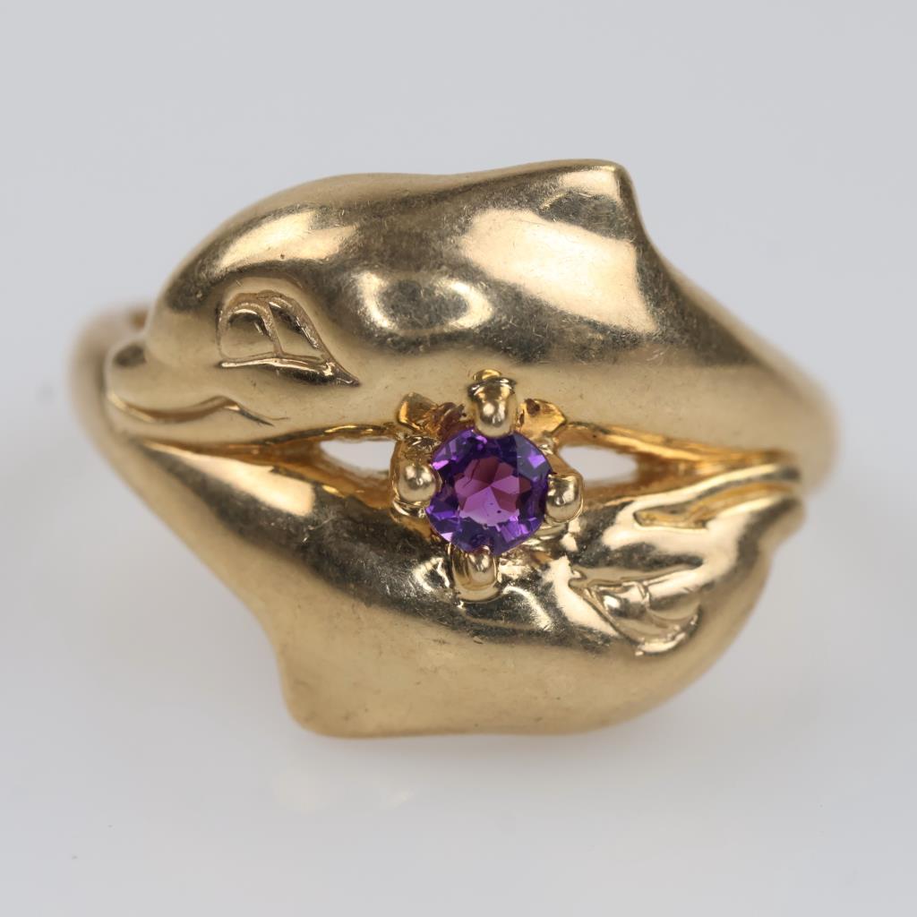 Kabana 14kt Gold Purple Stone Hollow Dolphin Ring | Property Room