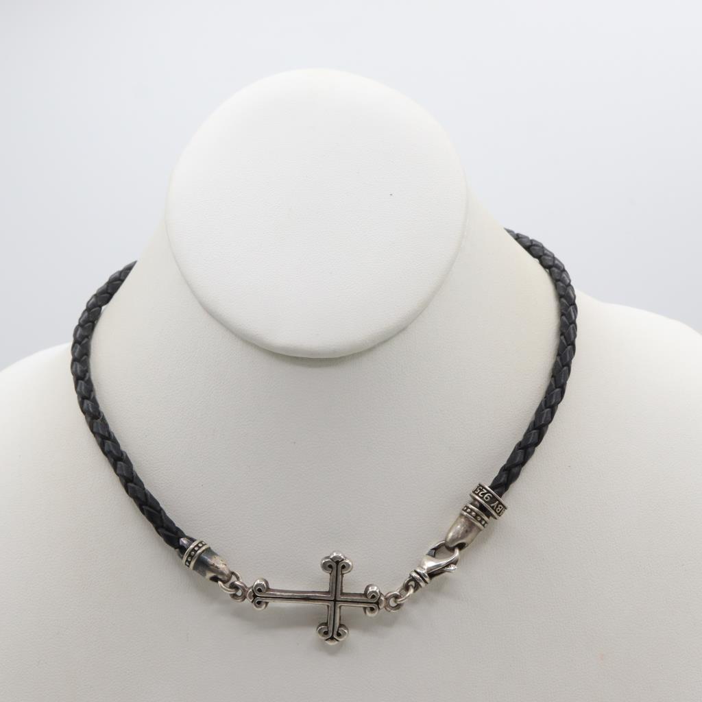 King Baby Sterling Silver Thin Braided Leather Traditional Cross Double ...