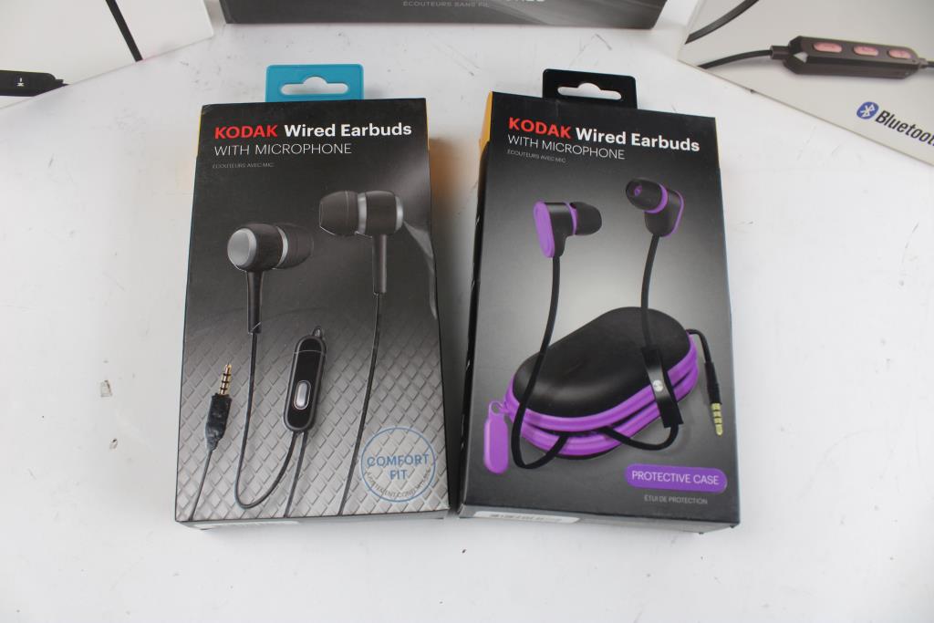 Kodak Wired Earbuds [2], Iworld Wireless Earbuds W/ Mic [2] + 1 More ...