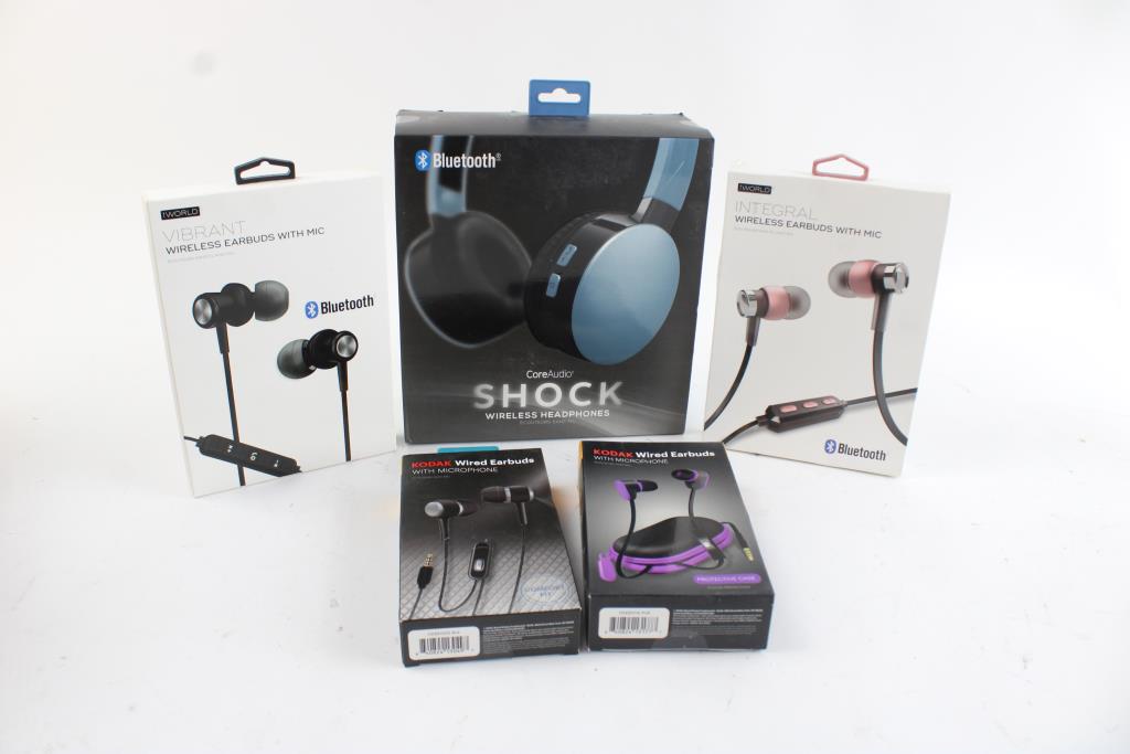 Kodak Wired Earbuds [2], Iworld Wireless Earbuds W/ Mic [2] + 1 More ...
