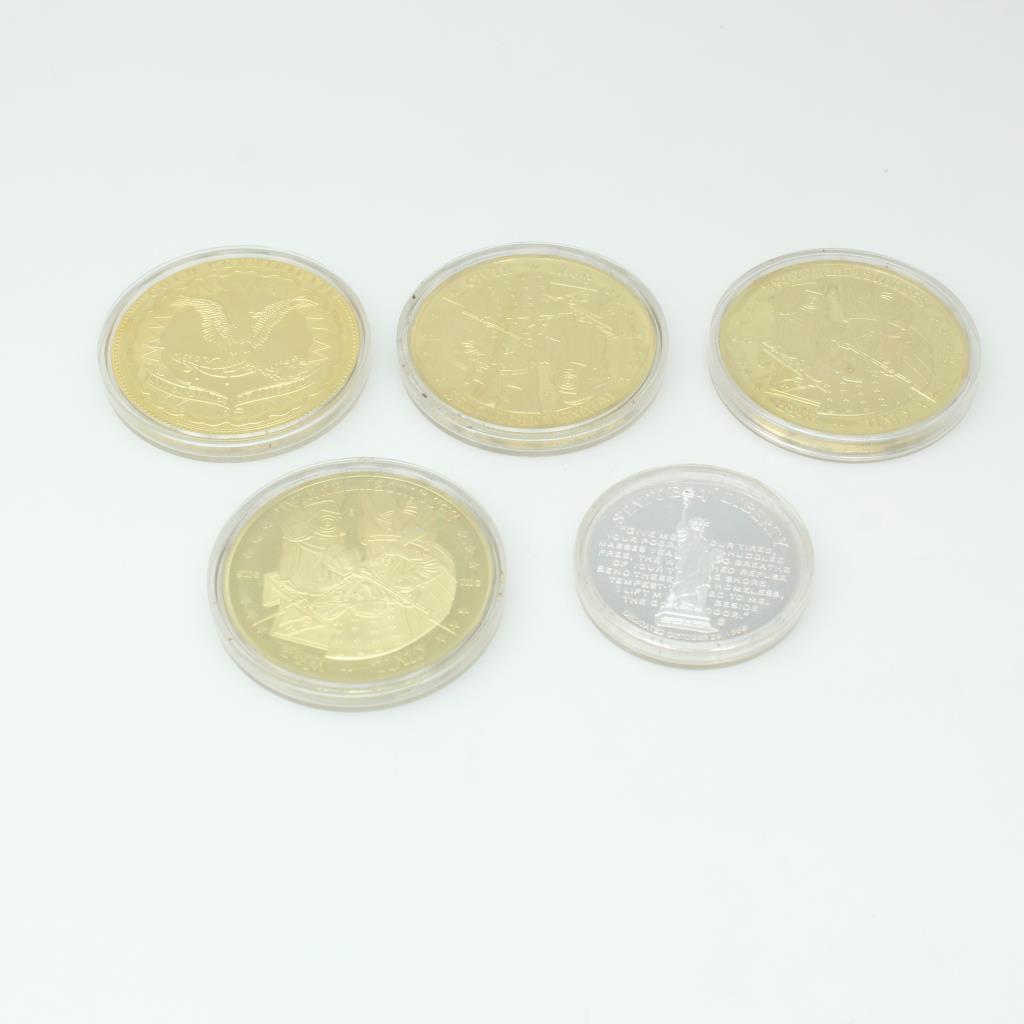 Lot Of 4 Gold Plated U.S. Tokens & Statue Of Liberty Token | Property Room