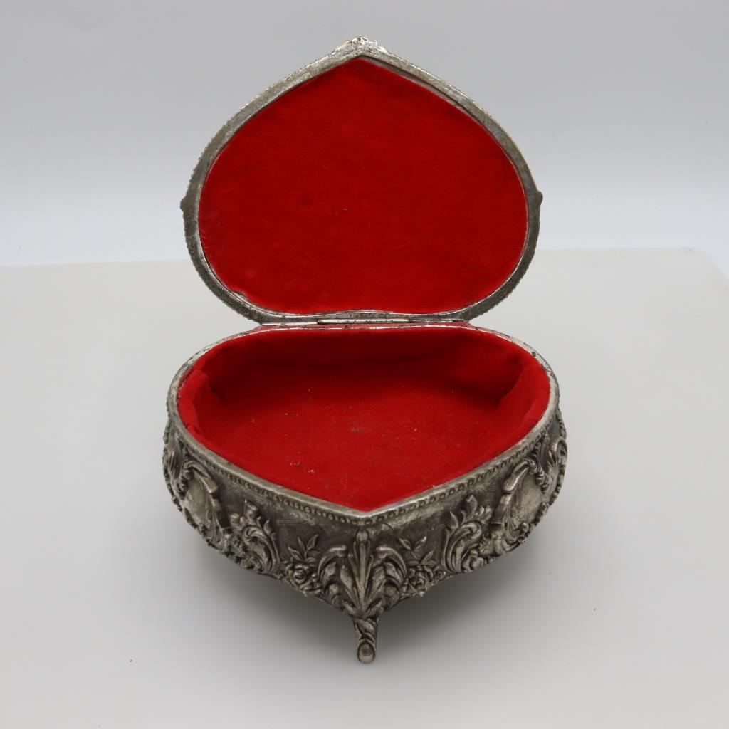 Metal Dutch Relief Heart Red Lining Footed Hinged Box | Property Room