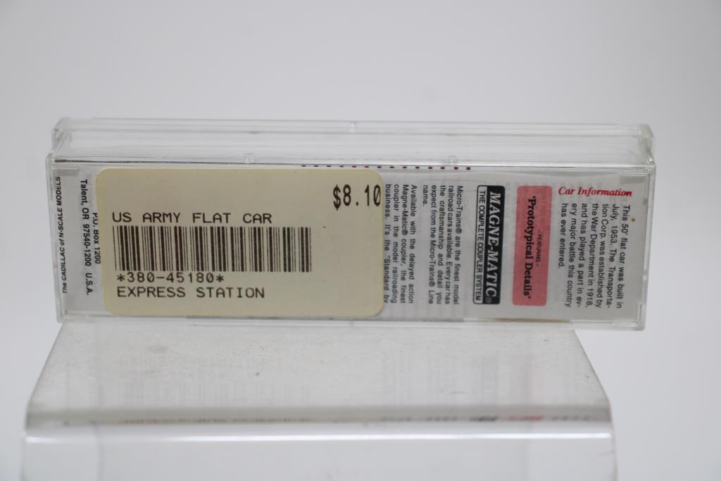 Micro-Trains Line 50' Flat Car Fishbelly Side With Side Mount Brake Wheel US Army | Property Room