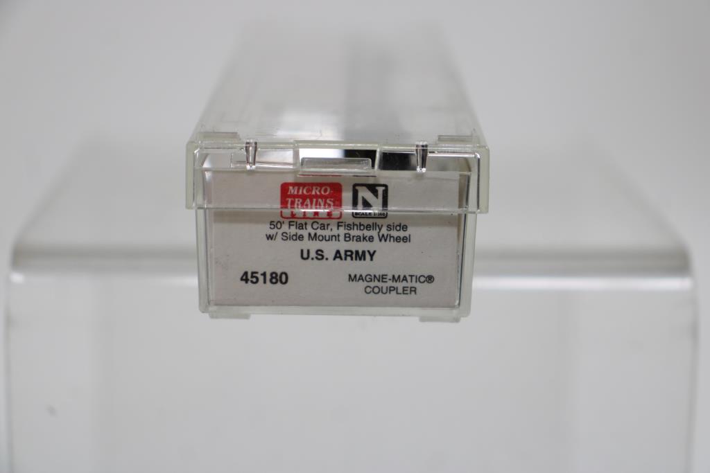 Micro-Trains Line 50' Flat Car Fishbelly Side With Side Mount Brake Wheel US Army | Property Room