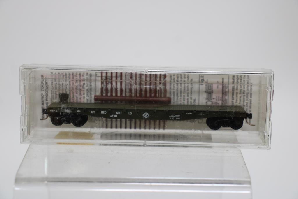 Micro-Trains Line 50' Flat Car Fishbelly Side With Side Mount Brake Wheel US Army | Property Room