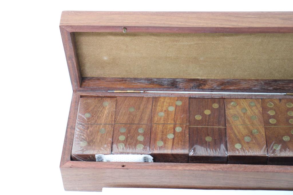 Mid-Century Wooden Domino Set With Brass Inlay | Property Room