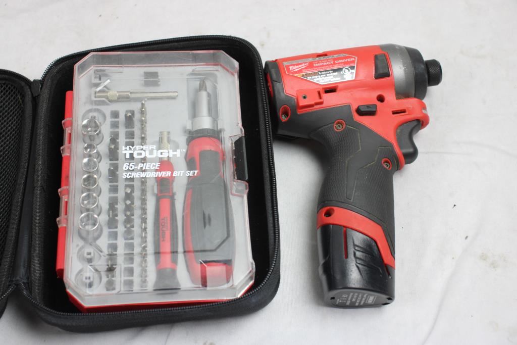Milwaukee 1/4" Impact Driver, Hyper Tough Screwdriver Bit Set, Husky ...