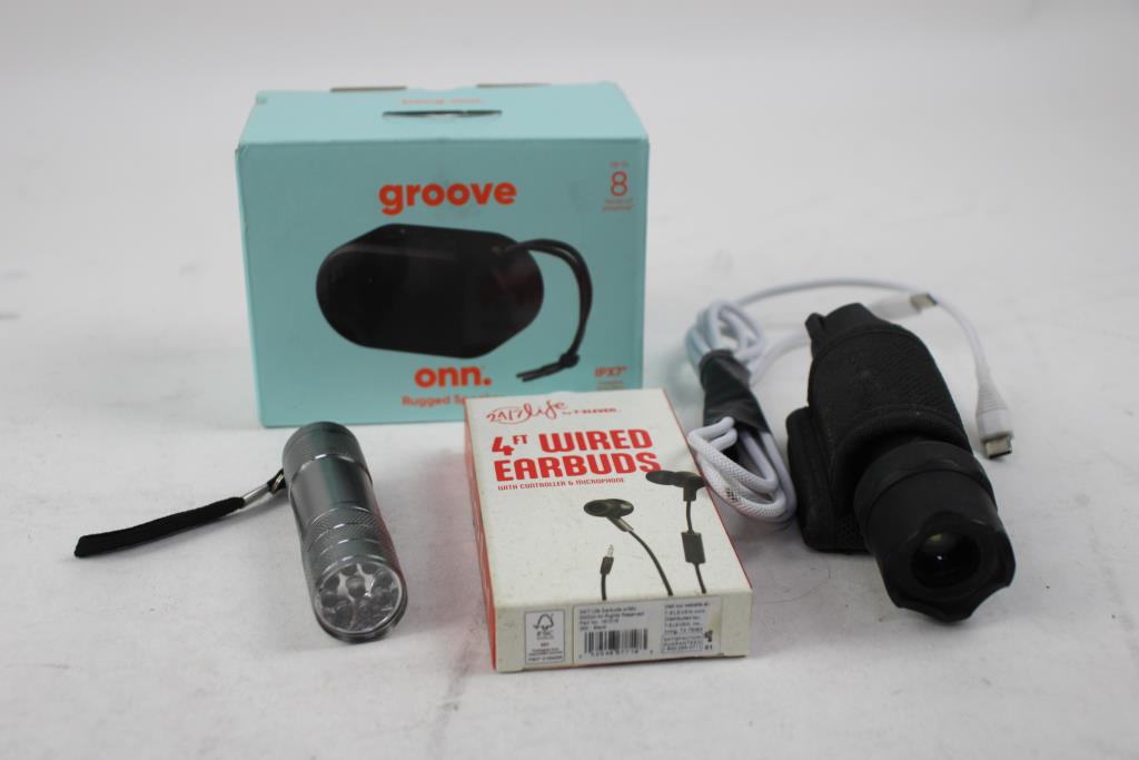 Onn Groove Speaker, Powerbank, Flashlight, 8 Pieces | Property Room