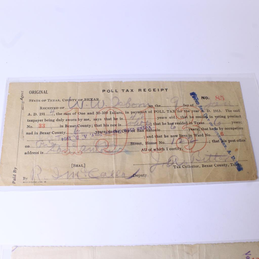Pair Of 100+ Year Old State Of Texas Poll Tax Receipts | Property Room