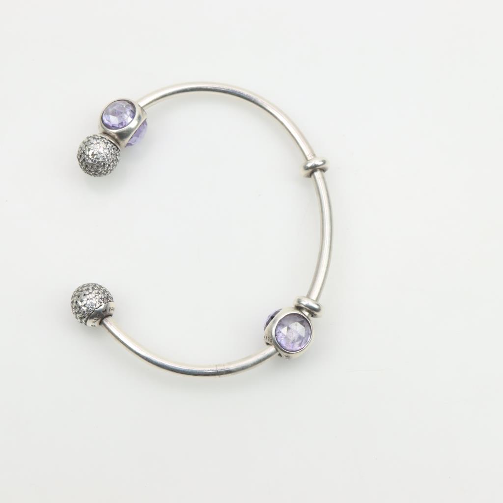 Pandora Moments Sterling Silver Open Bangle With Pave Caps | Property Room