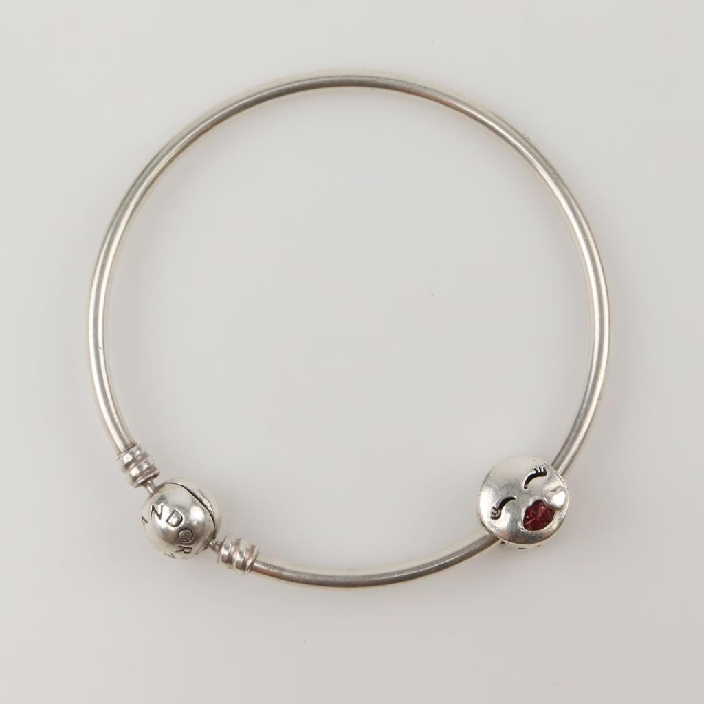 Pandora Sterling Silver Kiss Me Bangle Bracelet With Charm | Property Room