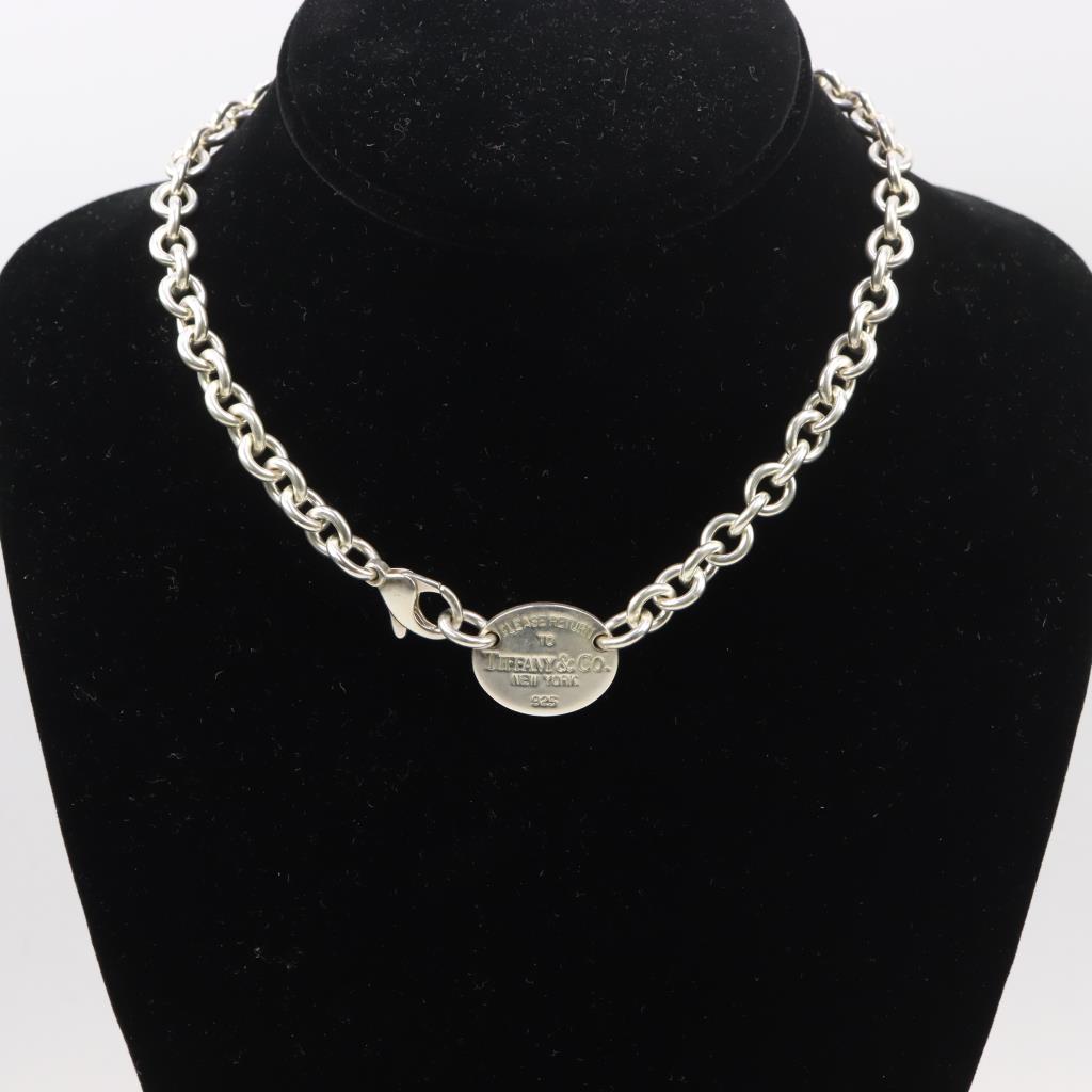 Please Return To Tiffany & Co Silver Oval Tag Necklace | Property Room