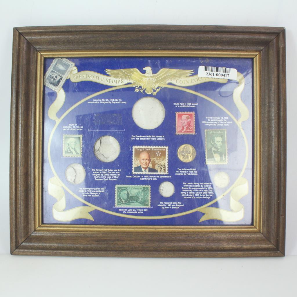 Presidential Stamp Collection And Nickel In Frame | Property Room