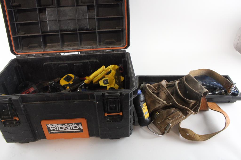 Ridgid Tool Box With Hammers, Wrench Cutters, Tape Measure And Common ...