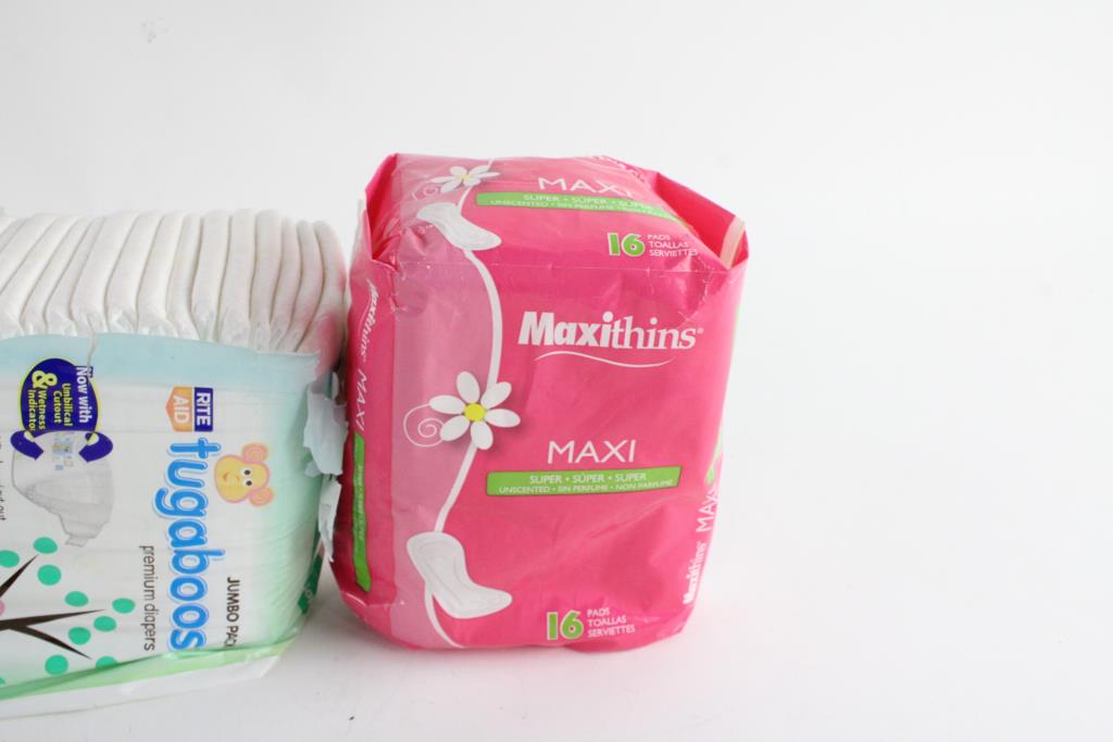 Rite Aid And Maxi Thin Pads And Diaper Packs 3 Pieces | Property Room