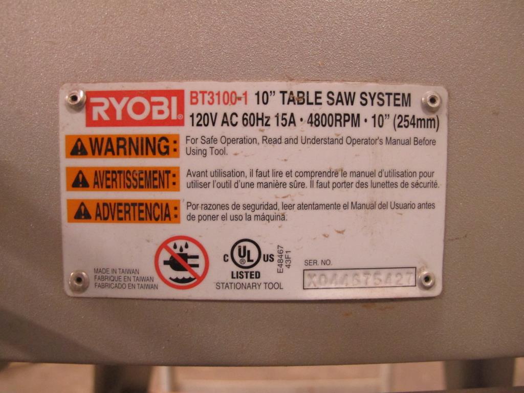 Ryobi 10" Table Saw System (Model No. BT3100-1) ***ONTARIO (CA) APPT ...