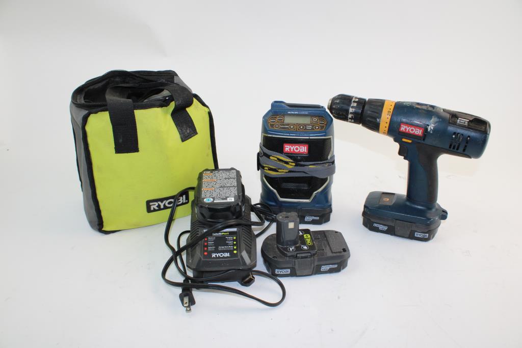 Ryobi Clock Radio, Drill, & More In Green Ryobi Bag; 7 Pieces ...