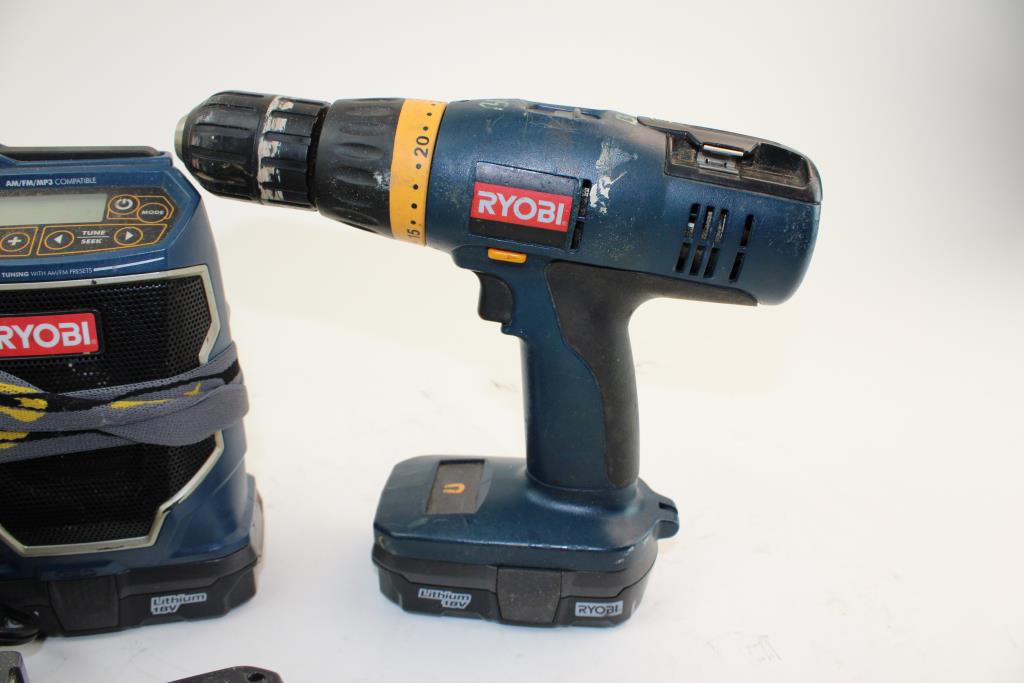Ryobi Clock Radio, Drill, & More In Green Ryobi Bag; 7 Pieces ...