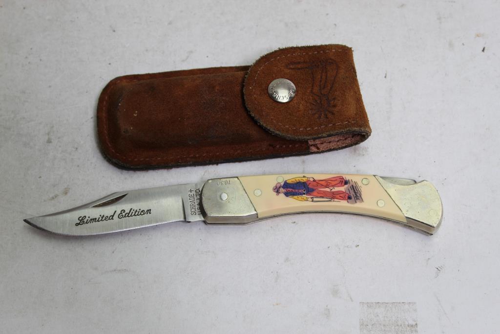 Schrade Cowboy Commemorative Scrimshaw Knife With Leather Pouch ...