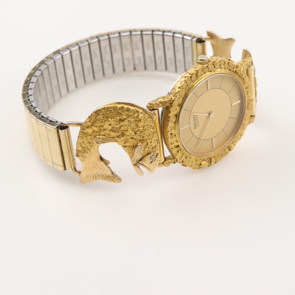 Seiko 10kt Gold Diamond Double Fish Watch | Property Room