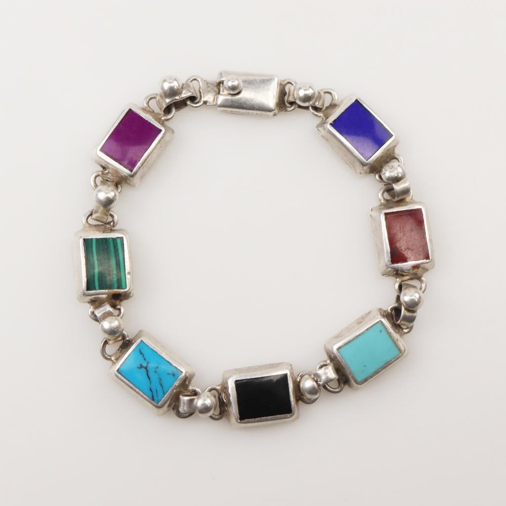 Silver Multi Color Stone Inlay Bracelet | Property Room