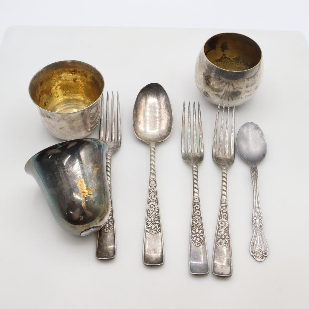Silver Plated Cups And Flatware, 8 Pieces | Property Room