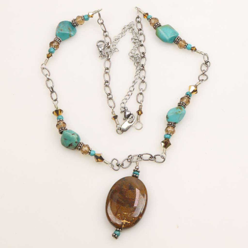Sterling Silver Brown And Teal Colored Stone Necklace | Property Room