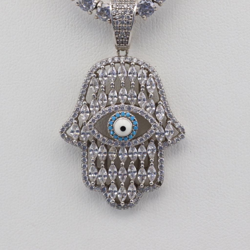 Sterling Silver Clear & Blue Stone Hamsa Hand Pendant Necklace ...