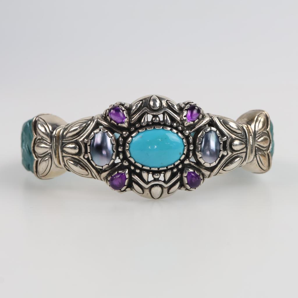 Sterling Silver Multi Color Stone Hinged Bangle | Property Room