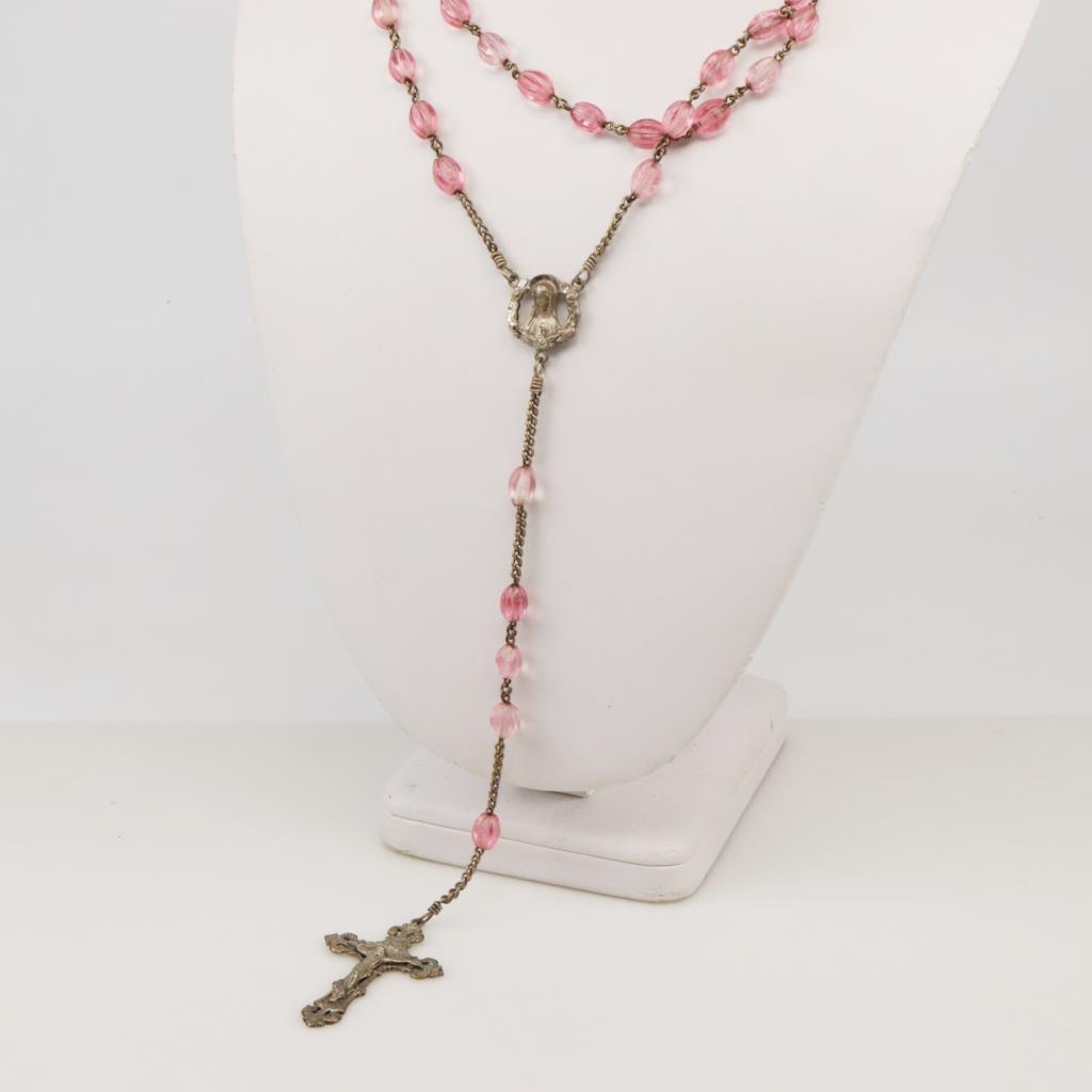 Sterling Silver Pink Bead Cross Necklace | Property Room