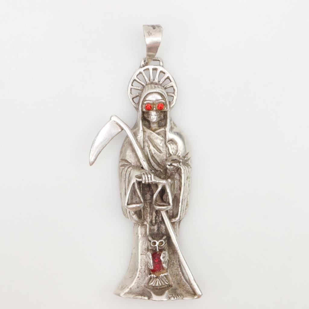 Sterling Silver Red Stone Grim Reaper Pendant | Property Room
