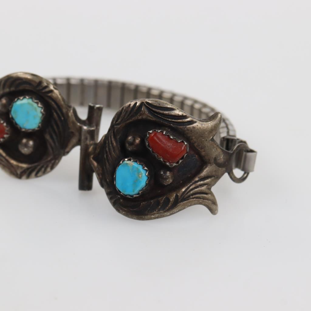 Sterling Silver Turquoise And Coral Watch Band Connectors | Property Room