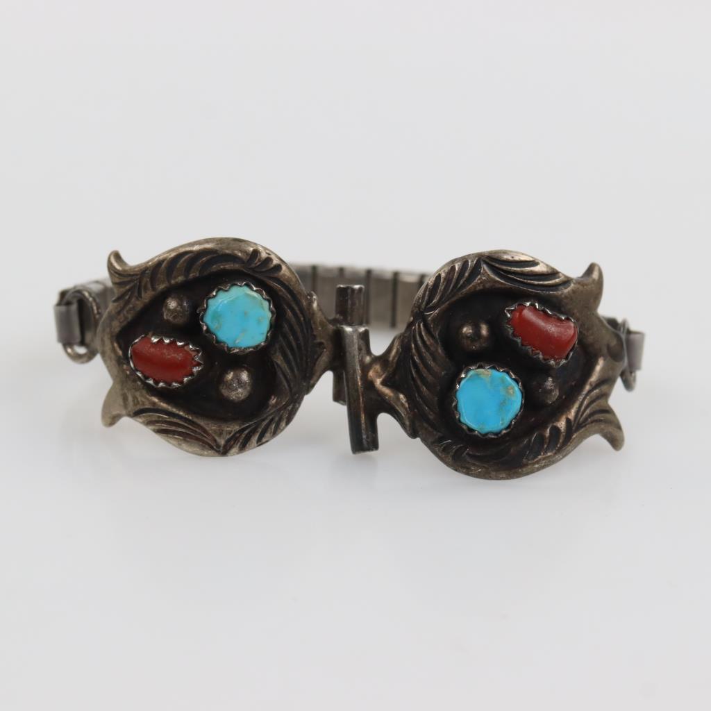 Sterling Silver Turquoise And Coral Watch Band Connectors | Property Room