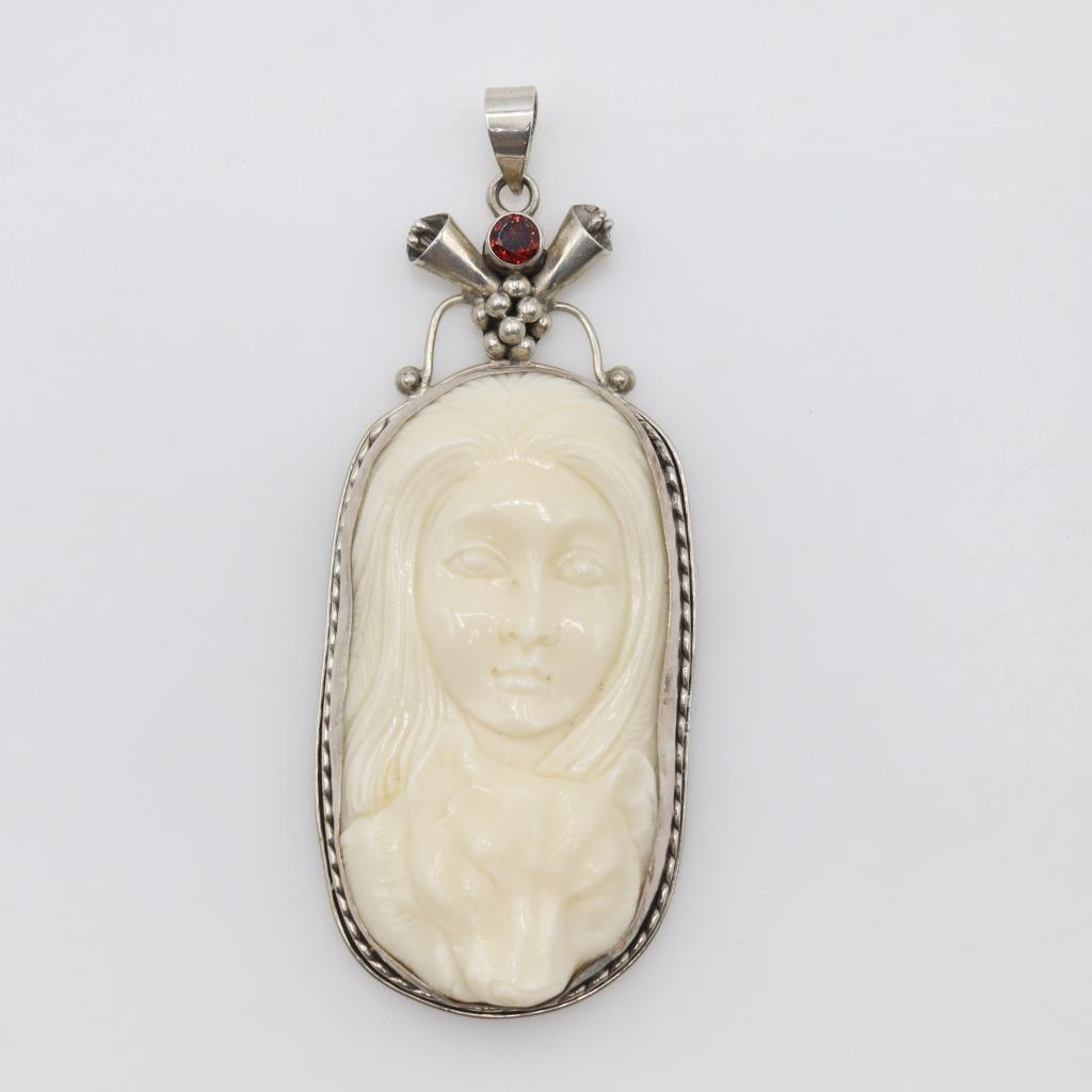 Sterling Silver White Stone Red Stone Accent Pendant | Property Room