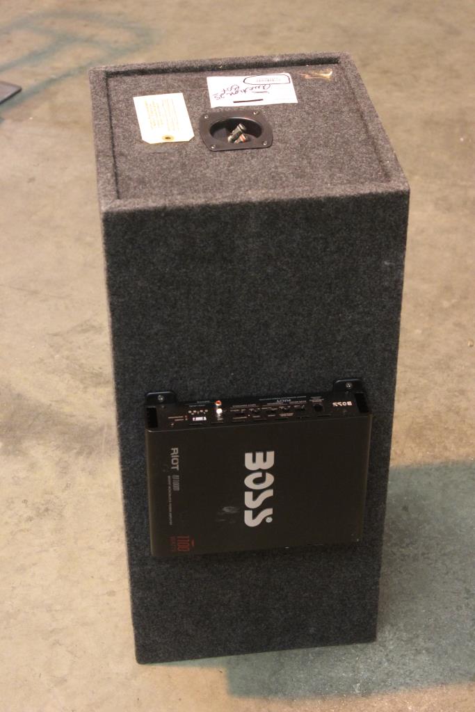 Super Blue Subwoofers In Speaker Box With Boss Power Amp Attached ...