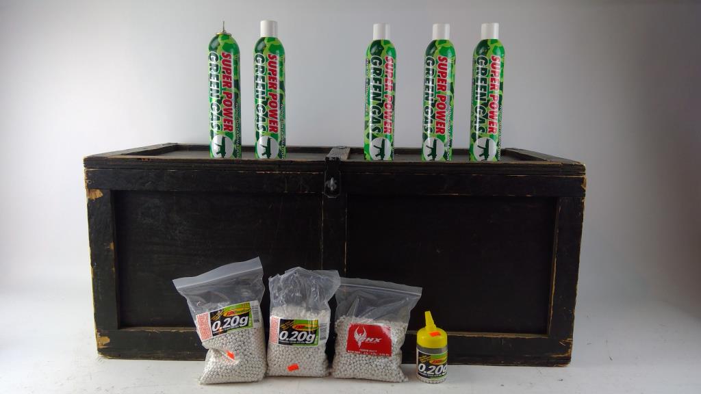 Super Power Green Gas Cans, Tsd Tactical Bbs, And Wooden Chest, 3 ...