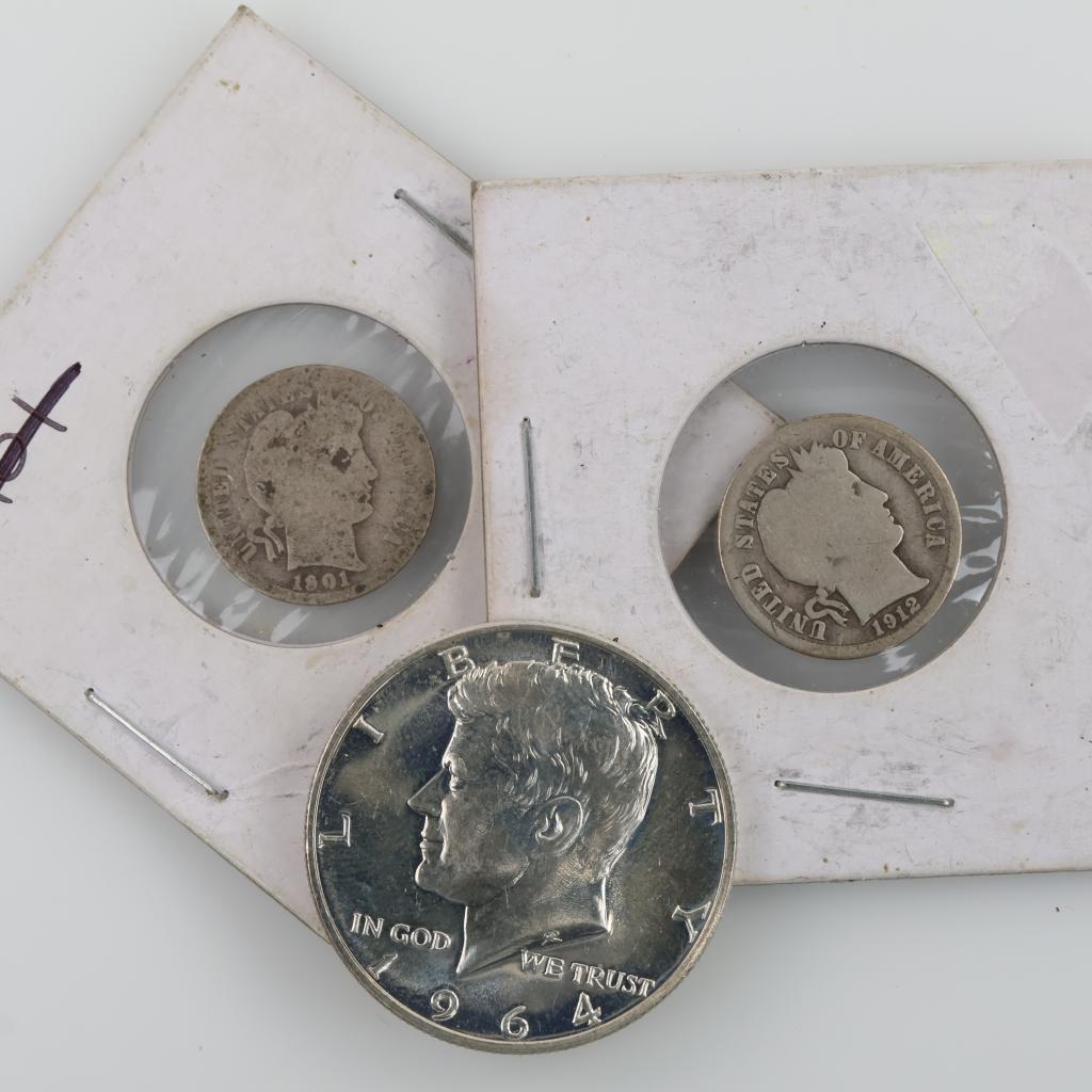 Three US Silver Coins, Including Barber Dime & Kennedy Half Dollar ...