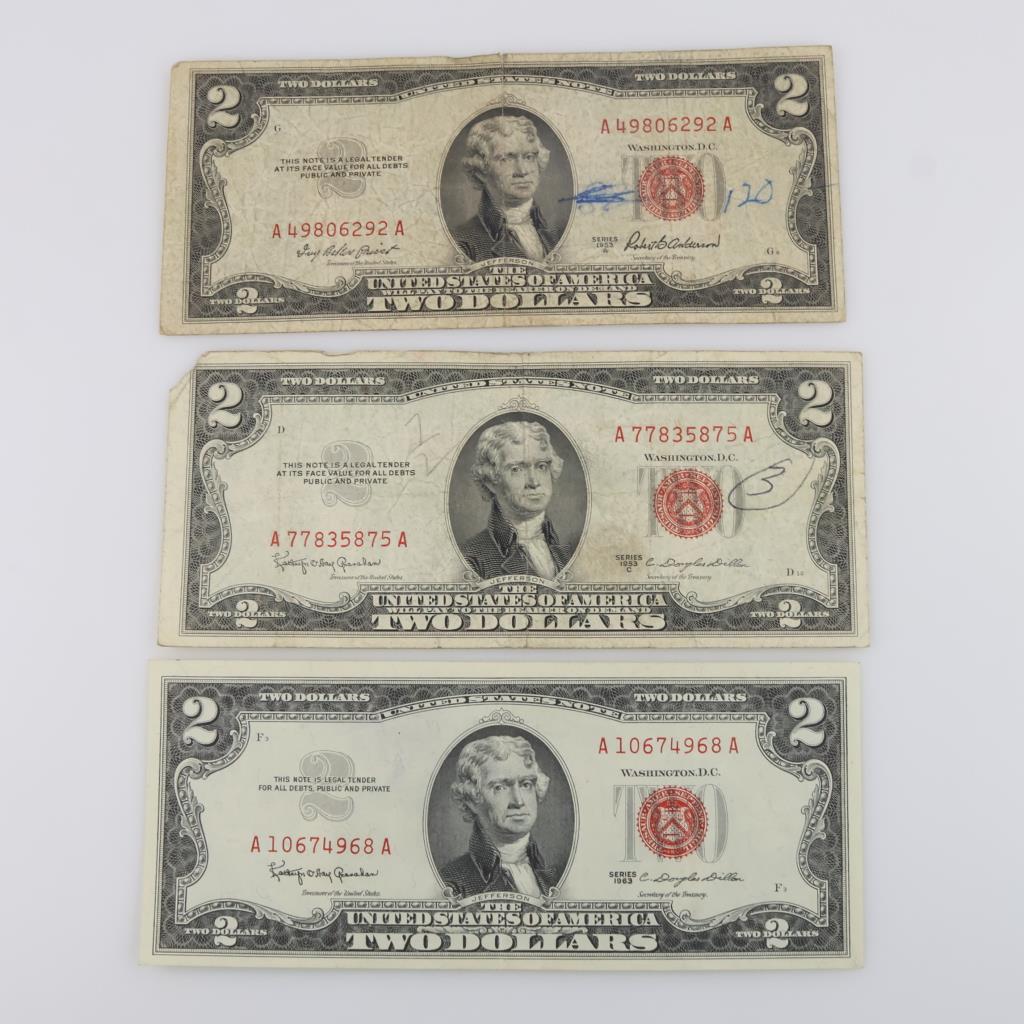 United States 2 Dollar Note Red Seal, 3 Pieces | Property Room