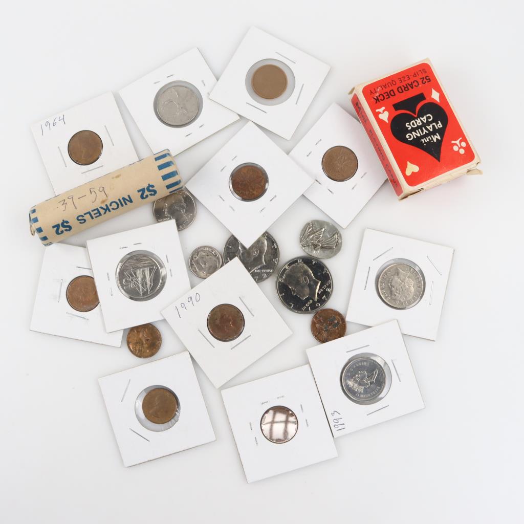US And Foreign Coins, Tokens, With Mini Playing Cards, 15+ Pieces ...