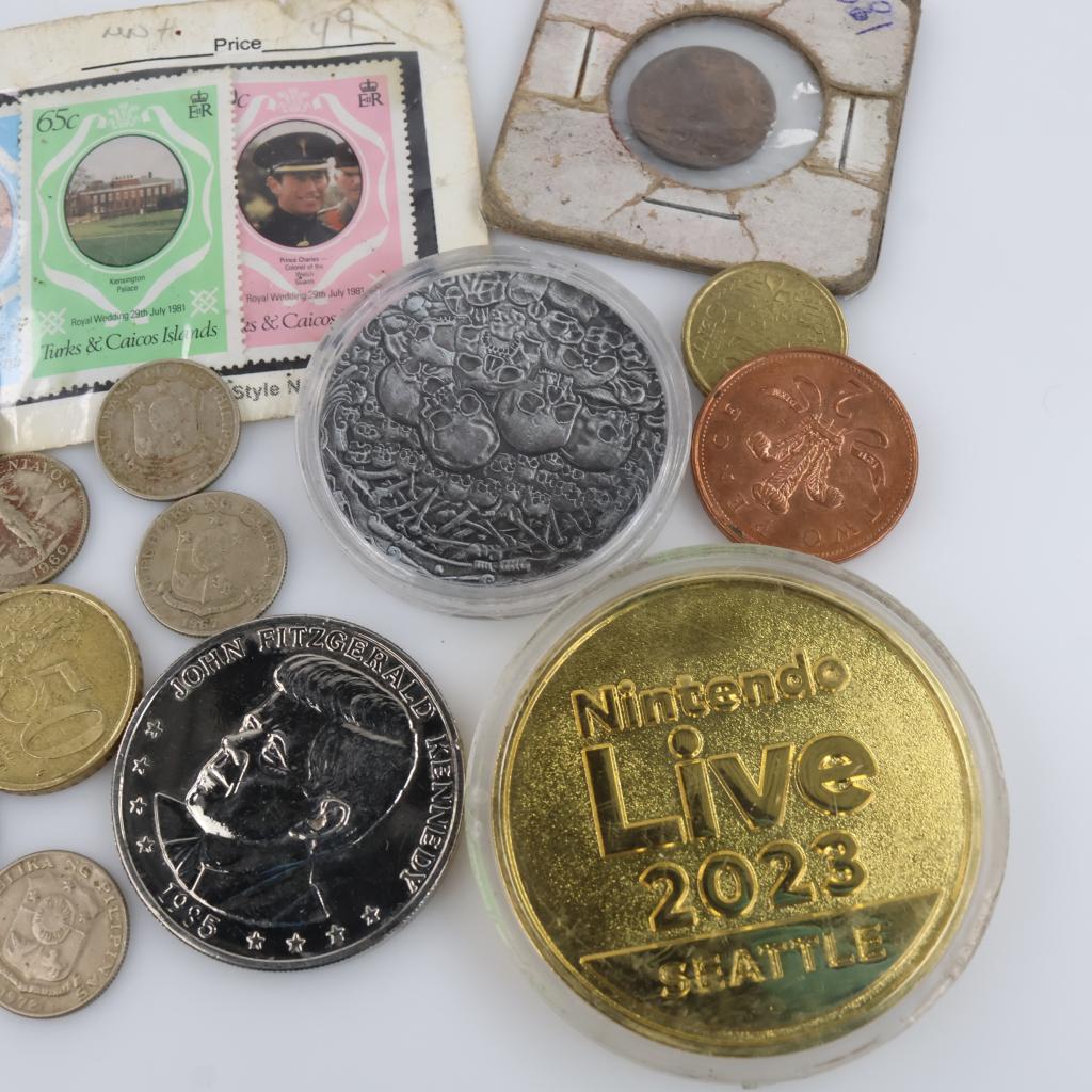 US And Foreign Currency With Tokens Foreign Stamps, 17 Pieces ...