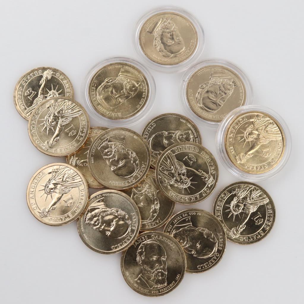 US Benjamin Harrison And James Garfield One Dollar Coins; 16 Pieces ...