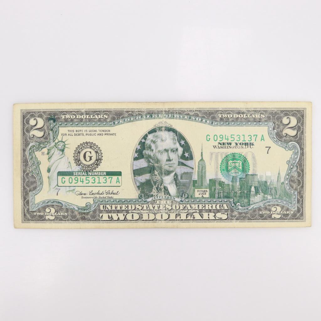 US Federal Reserve Note NY State Landmark Overlay 2 Dollars | Property Room