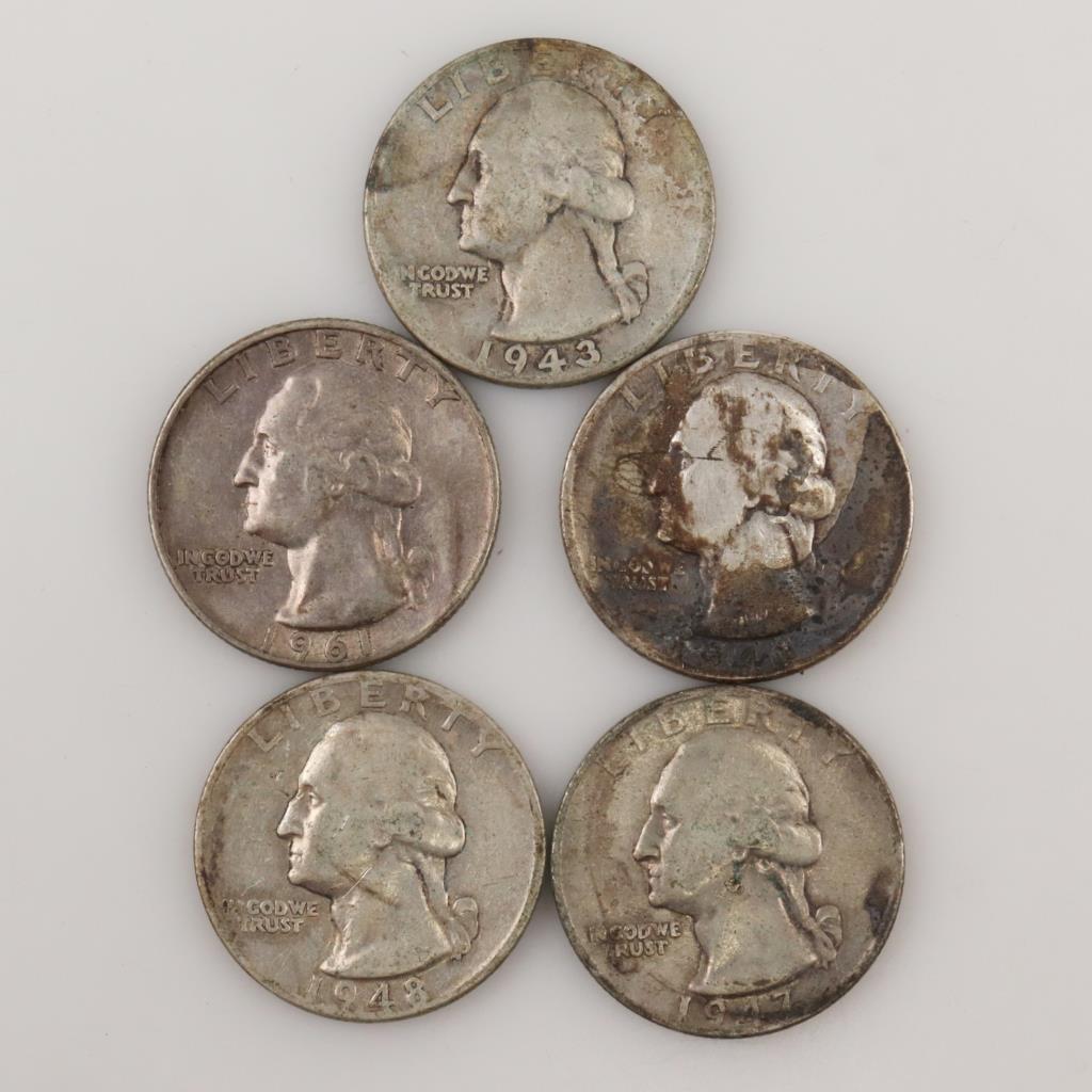 US Washington Silver Quarters, 5 Coins | Property Room