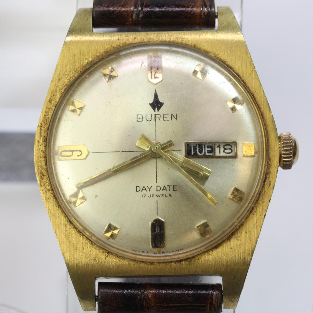 Vintage Buren 14kt Gold Plated Day/Date Brown Leather Watch | Property Room