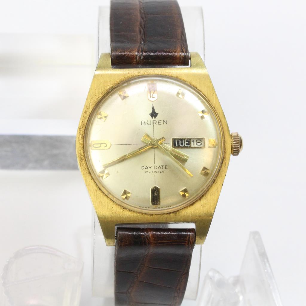 Vintage Buren 14kt Gold Plated Day/Date Brown Leather Watch | Property Room