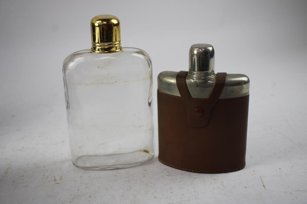 Vintage Flasks In Leather Case, 2 Pieces | Property Room