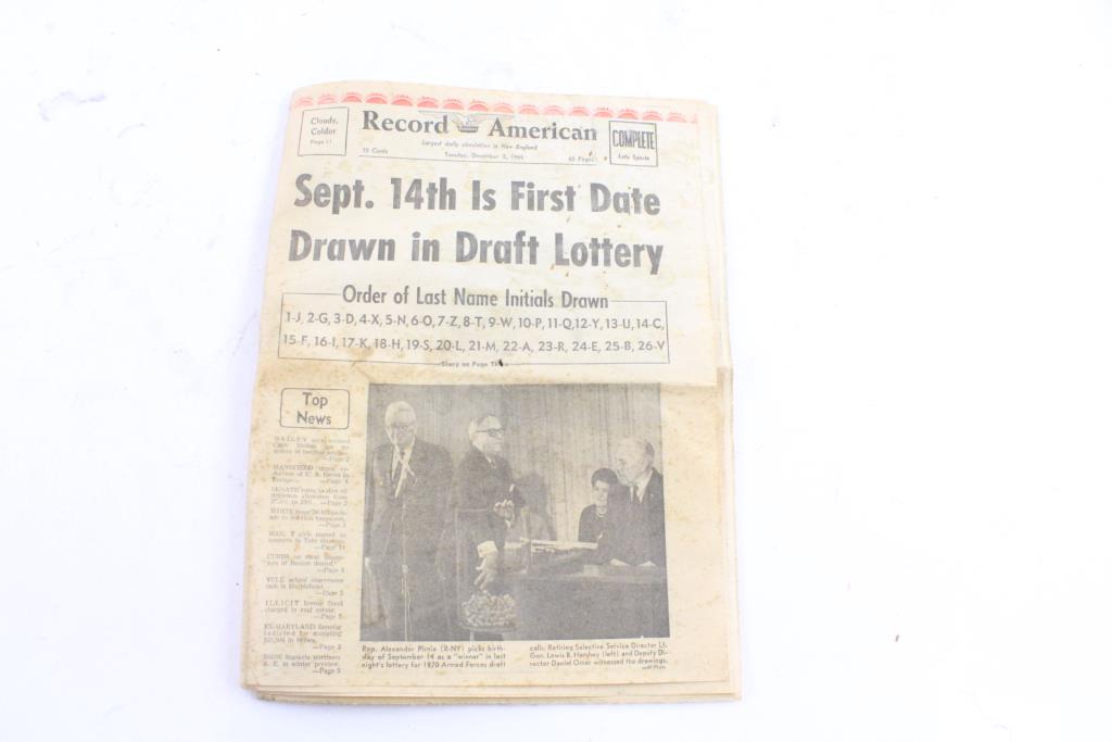 Vintage Newspaper, Dec 2 1969, Headline "Sept 14th Is First Date Drawn ...