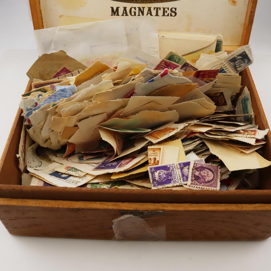 Wooden Box Of Stamps, 500+ Pieces | Property Room