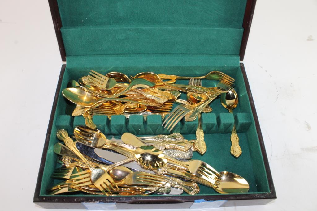 Wooden Box With Metal Flatware, 15+ Pieces | Property Room