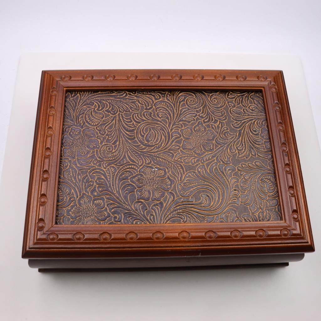 Wooden Flower Embossed Top Felt Lined Mirrored Lid Jewelry Box ...